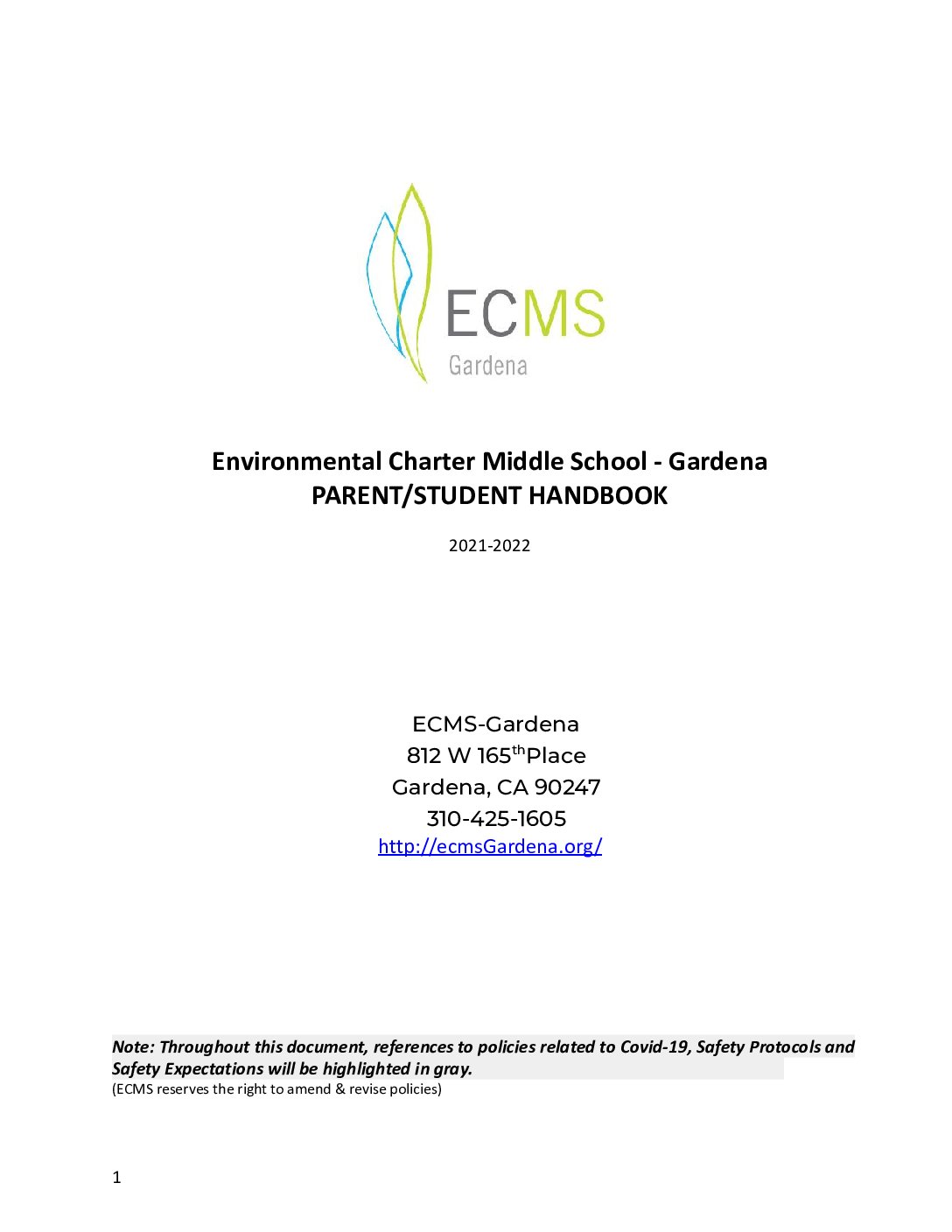 ECMSG – Parent-Student Handbook – 2021-2022 – Environmental Charter Schools