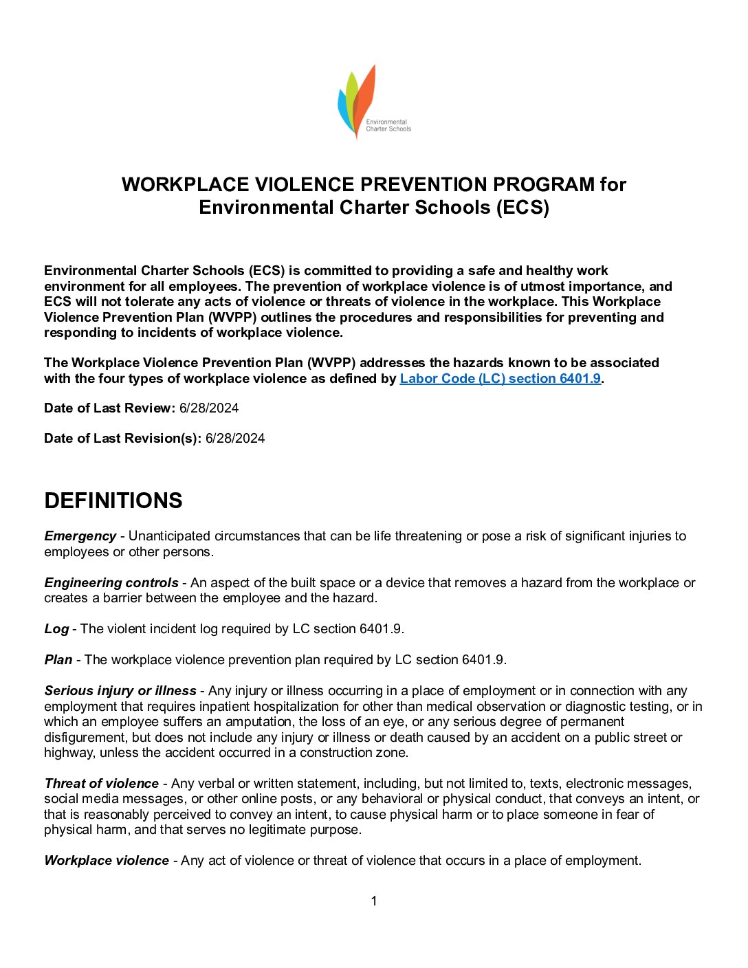 ECS – Workplace Violence Prevention Plan 2024-2025 – Environmental ...