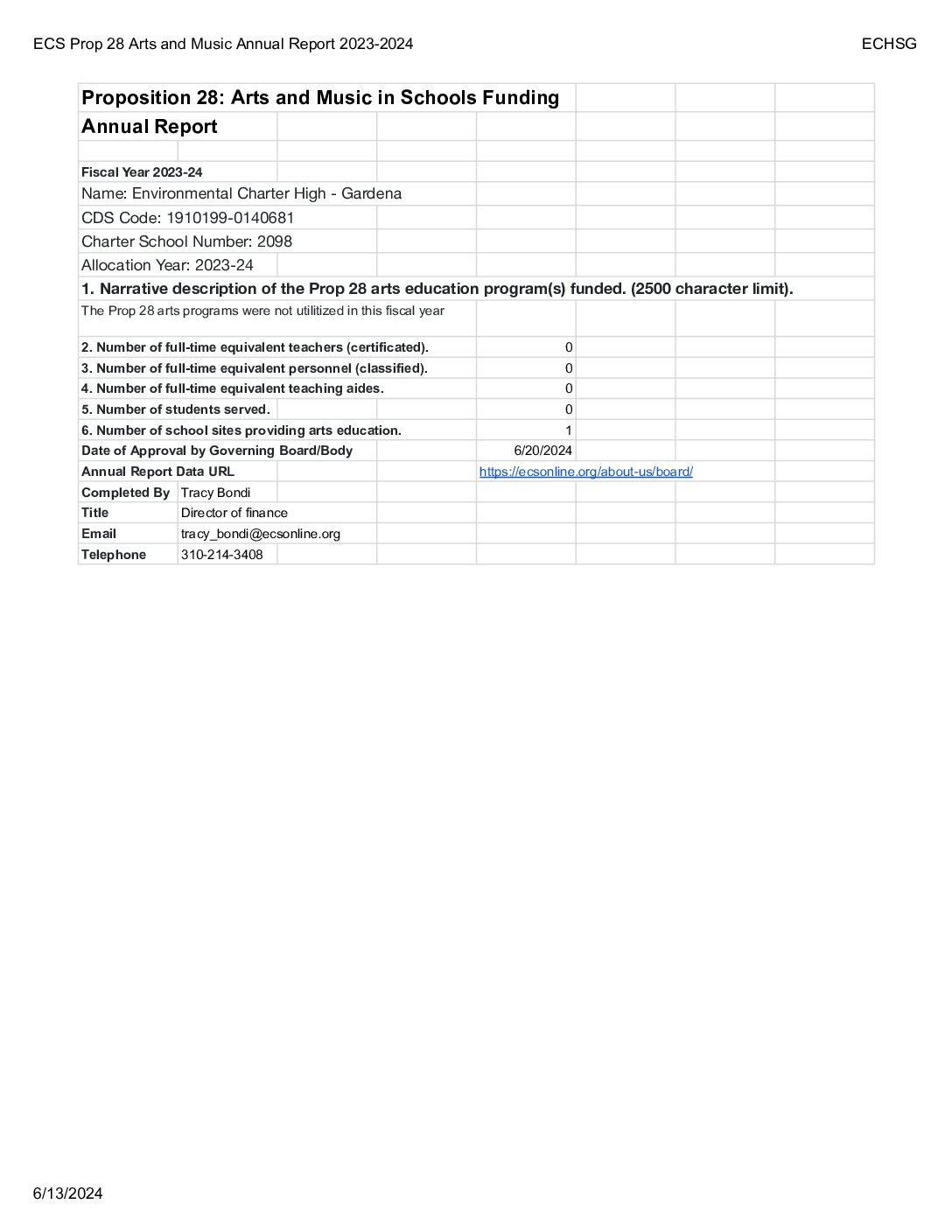 ECHSG – Prop 28 Arts and Music Annual Report 2023-2024 – Environmental ...