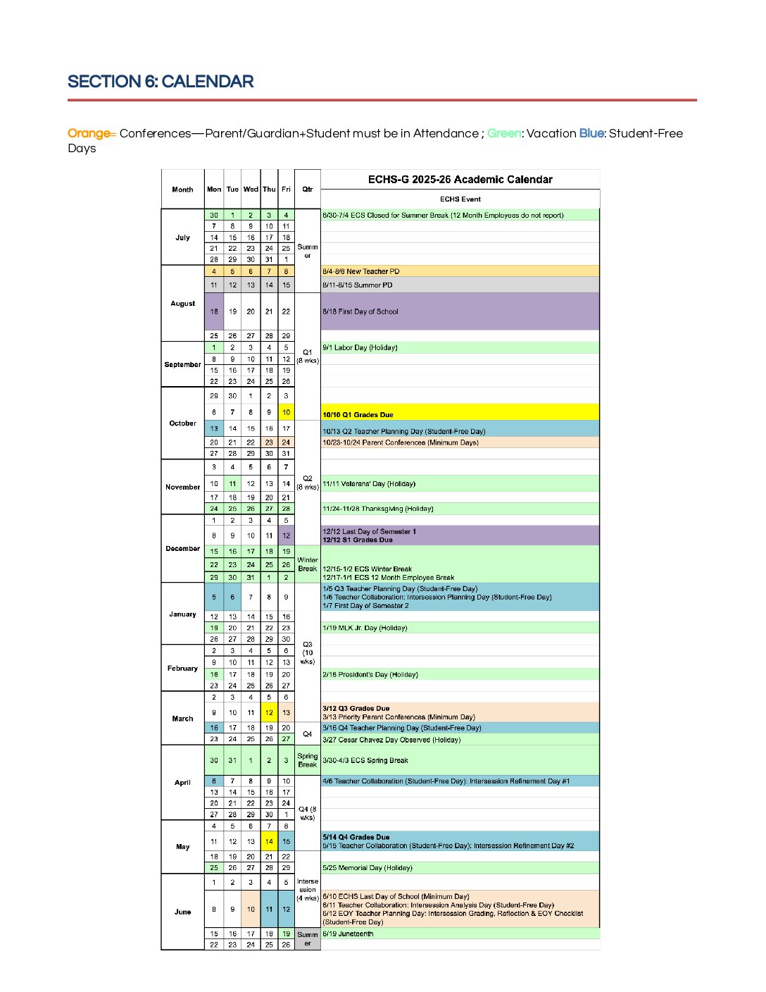 ECHSG Academic Calendar for Parents 2025-26 – Environmental Charter Schools